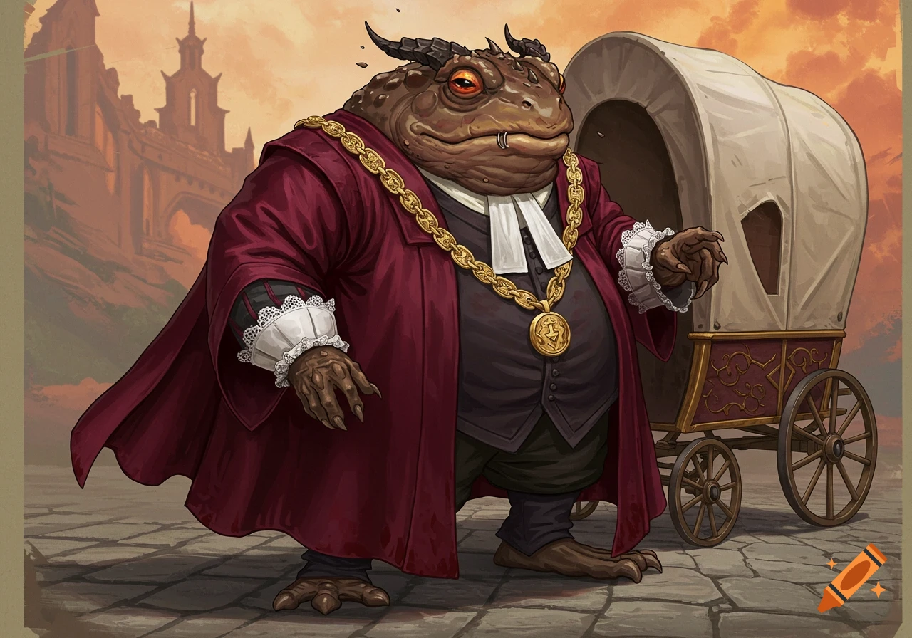 A large, toad-like fantasy creature in a red robe and gold chain stands ...