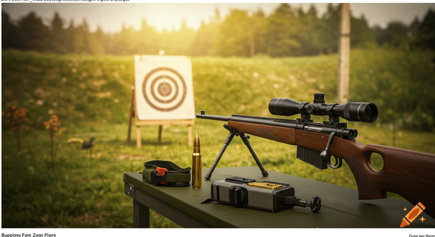 A rifle with a scope, a bullet, and other shooting equipment on a table ...