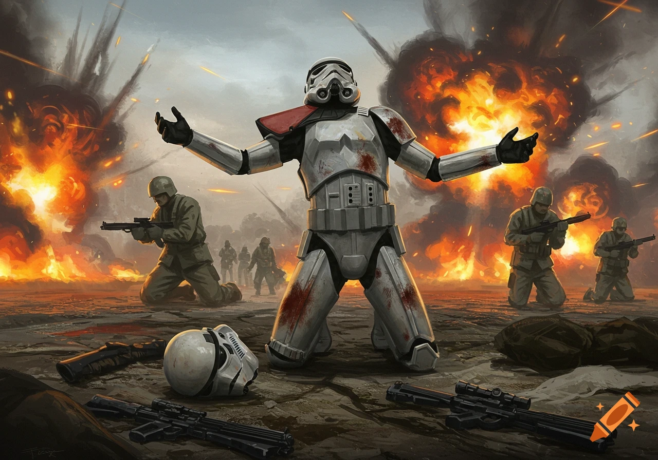 A stormtrooper kneels with arms raised in a chaotic battle scene amidst ...