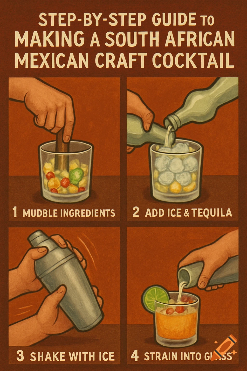 Illustrated step-by-step guide showing how to make a South African Mexican craft cocktail. on ...