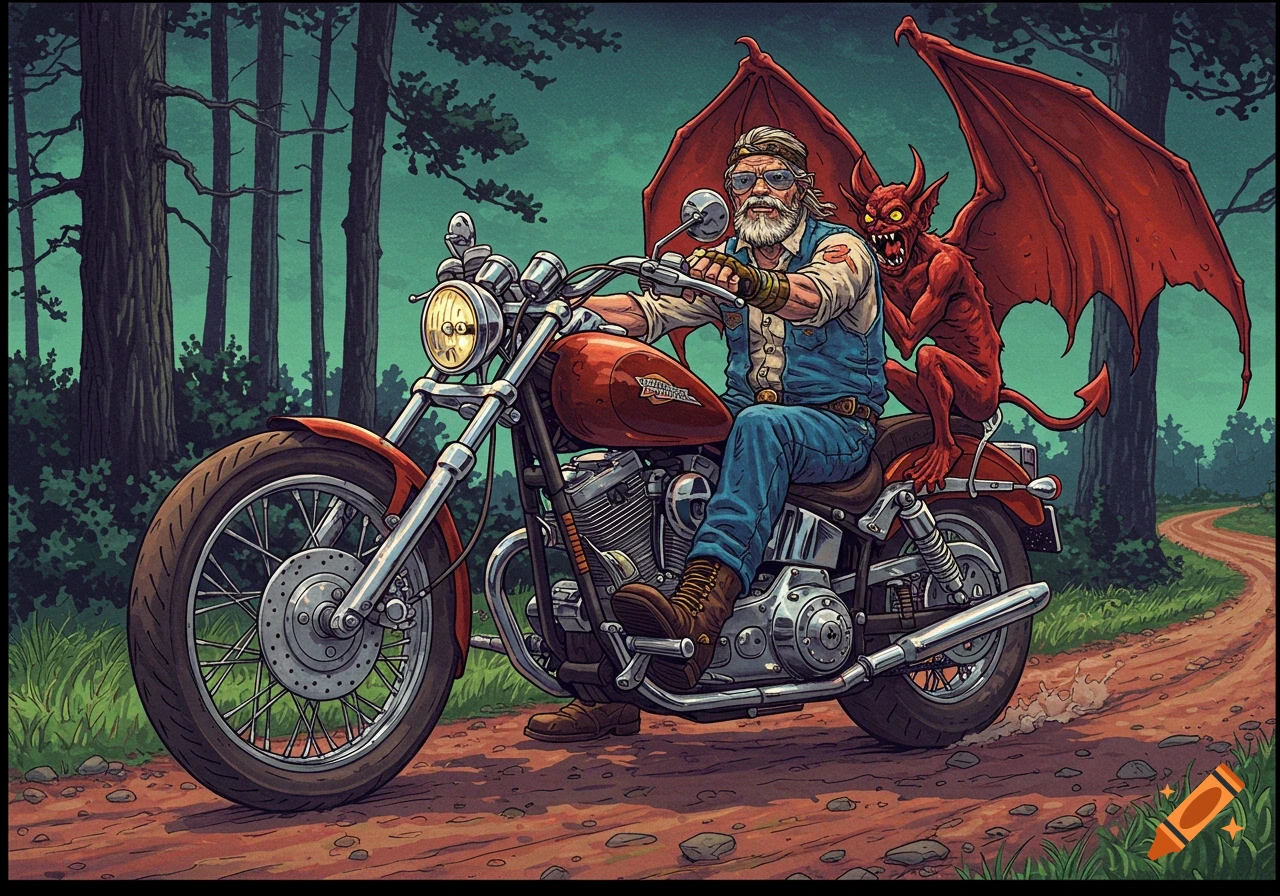 Illustration of a man riding a motorcycle through a forest with a red ...