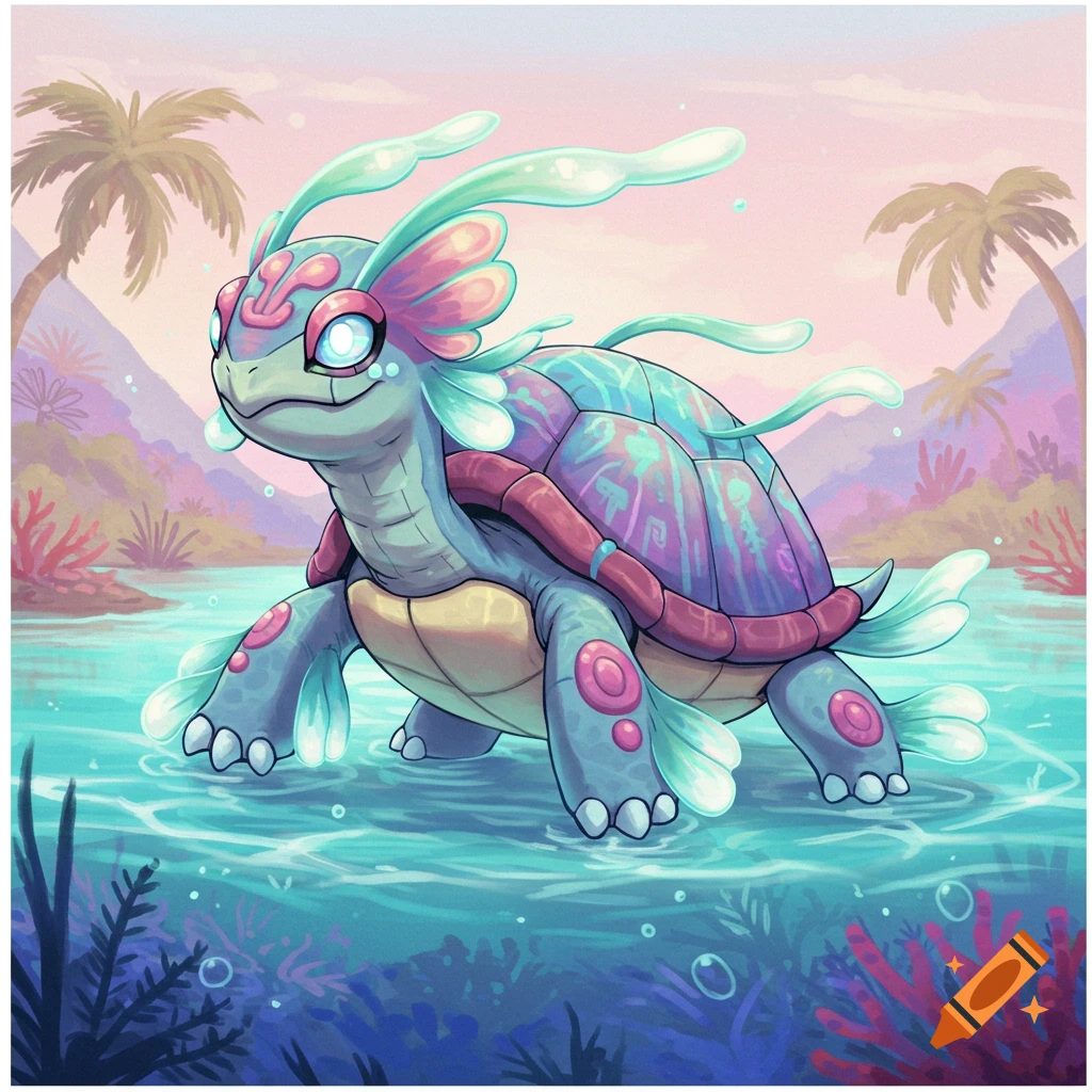 A stylized water creature resembling a turtle with glowing eyes and ...