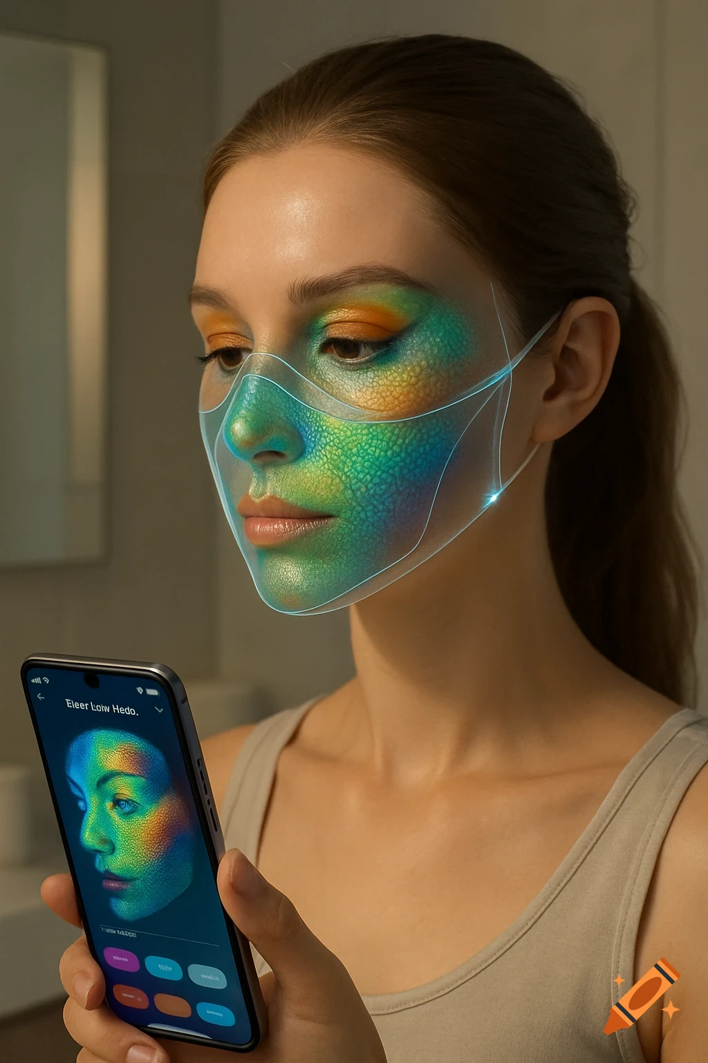Woman in bathroom wears futuristic transparent mask with colorful ...