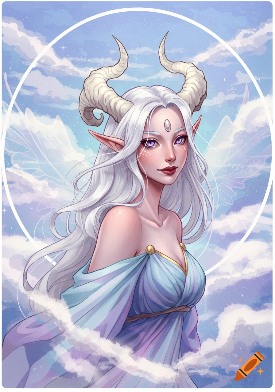 Fantasy portrait of a fae woman with horns and delicate wings in clouds ...