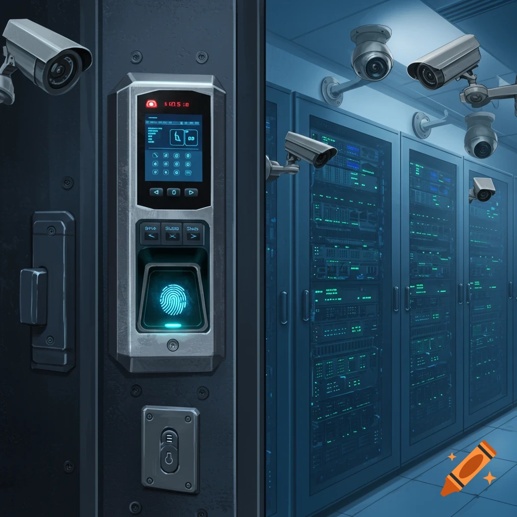 Close-up of a server room door with a biometric scanner and key lock ...