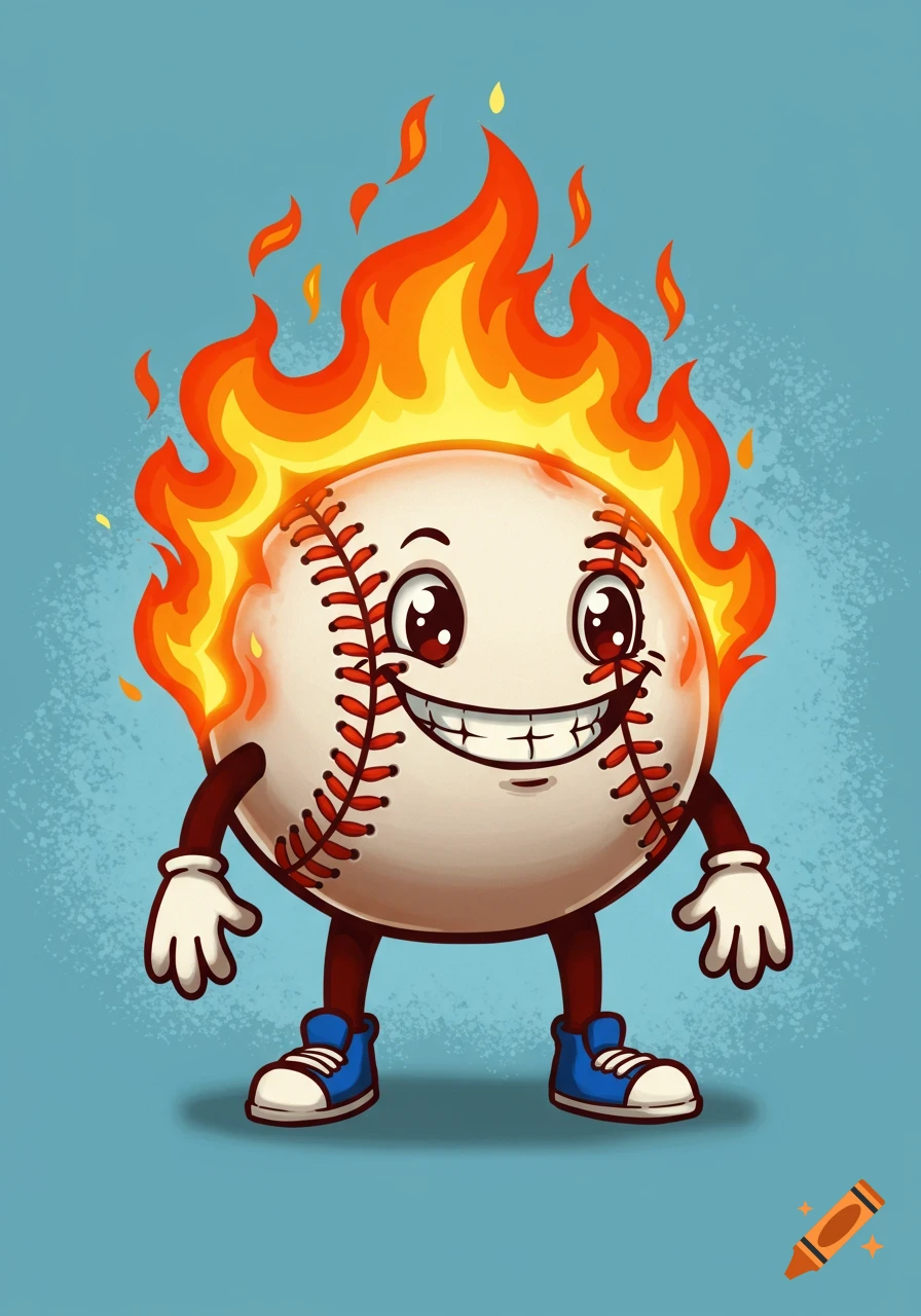 Cartoon baseball character on fire with arms, legs, eyes, and smile on ...