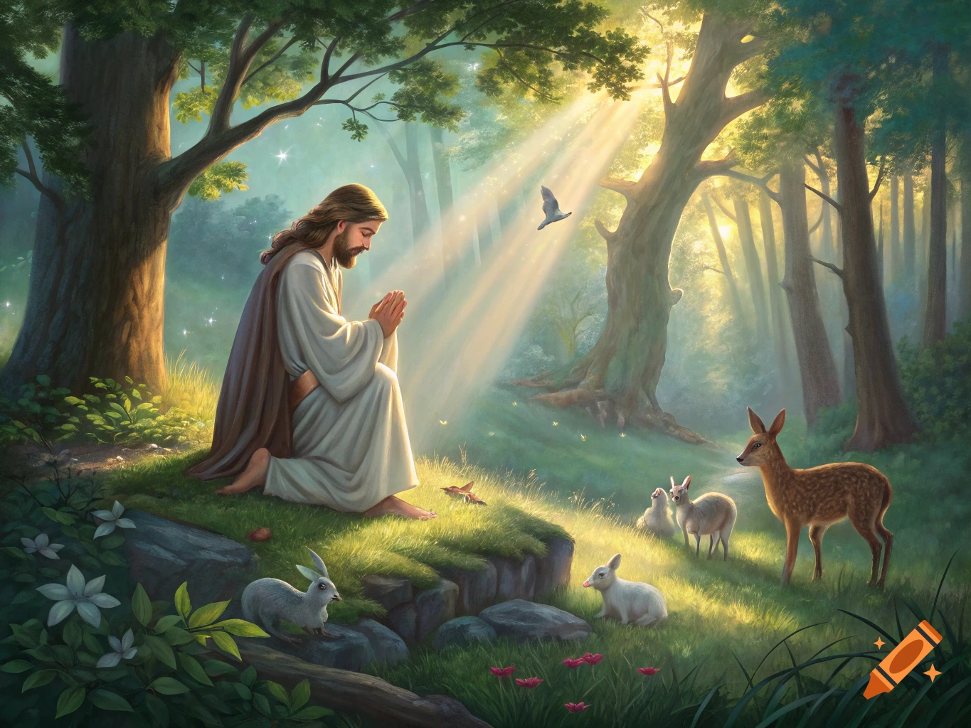 Jesus praying in a sun-dappled forest clearing with deer, rabbits, and ...