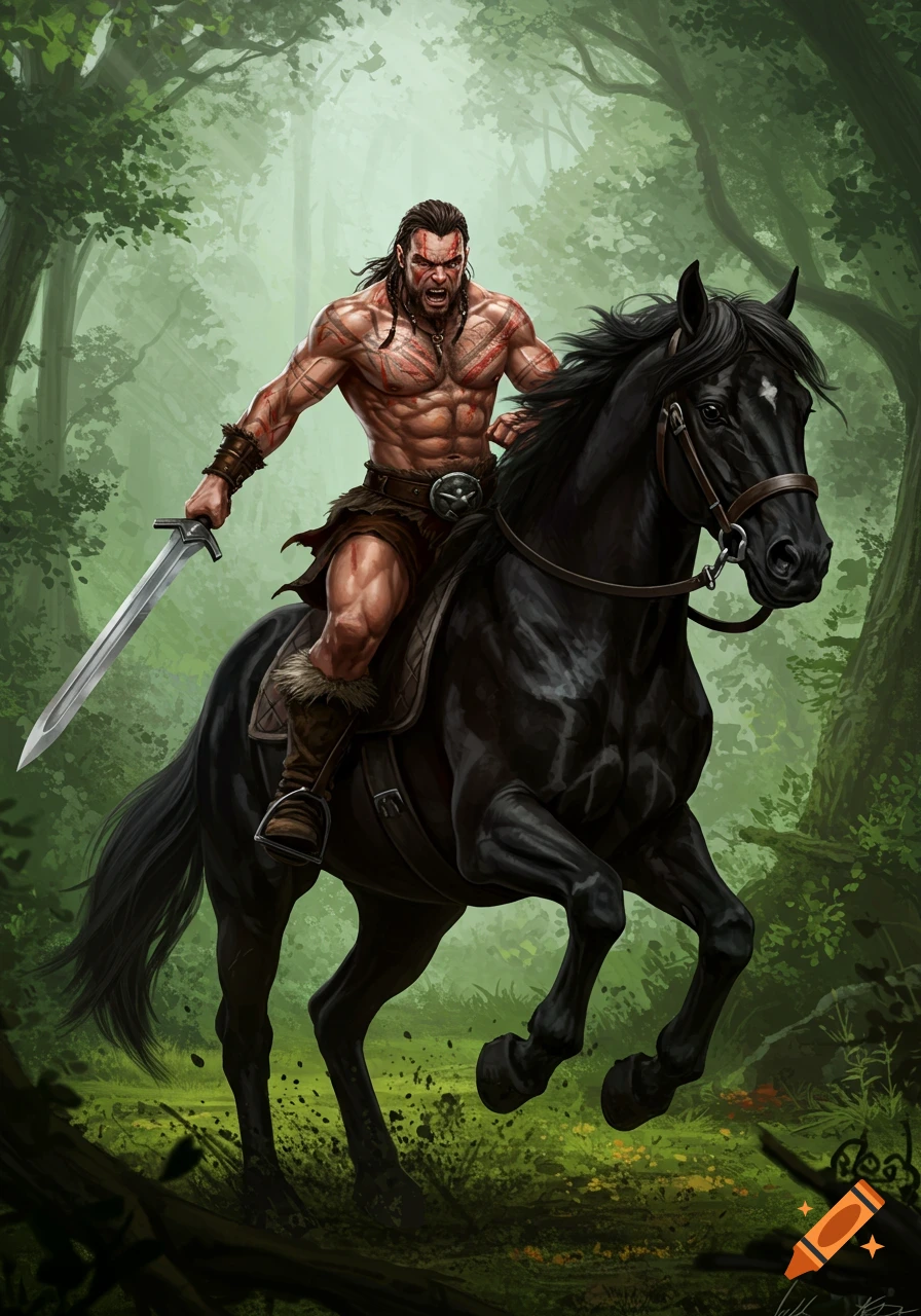 Muscular barbarian with a sword rides a black stallion through a forest ...