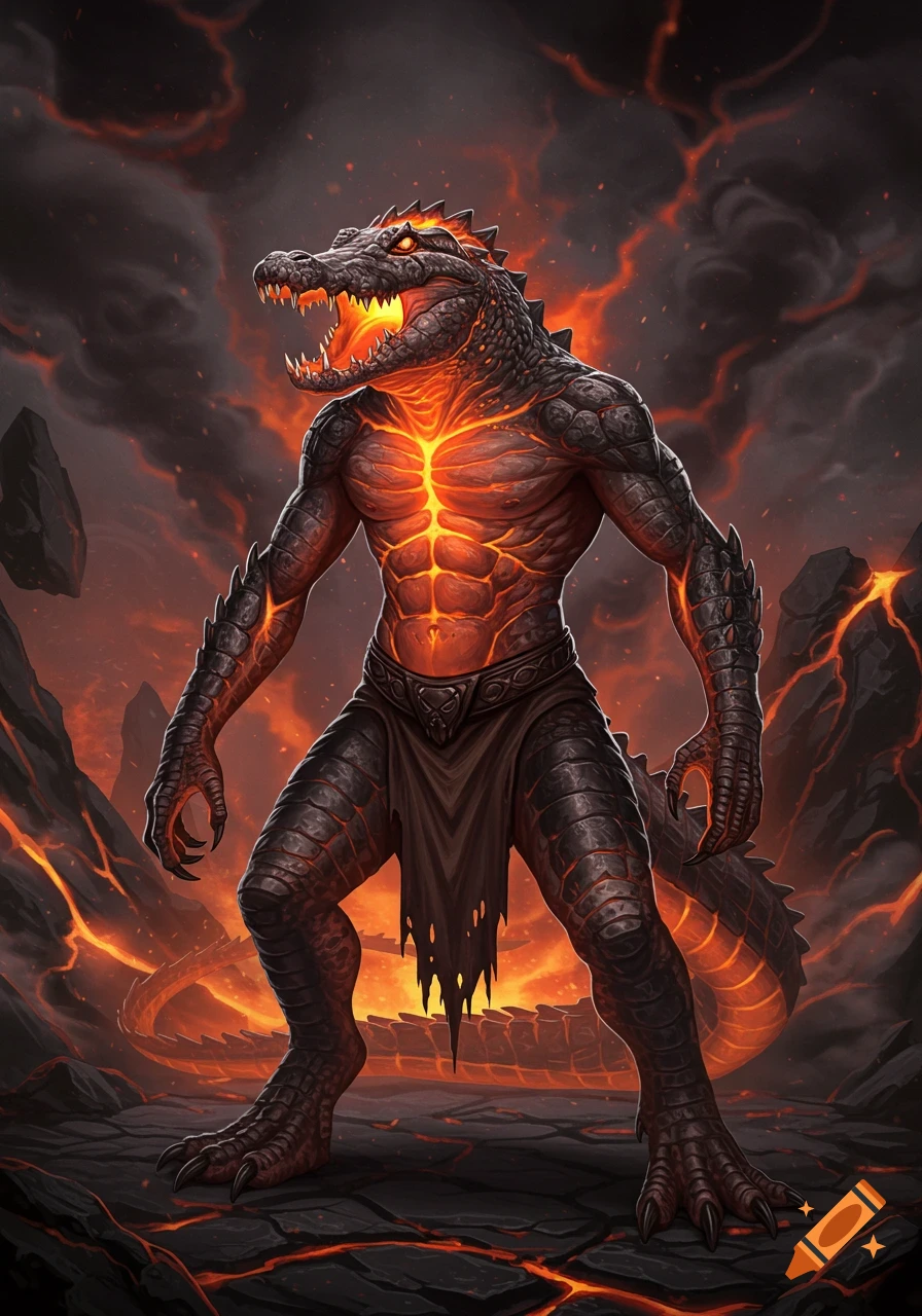 A humanoid alligator creature made of magma and rock stands in a ...