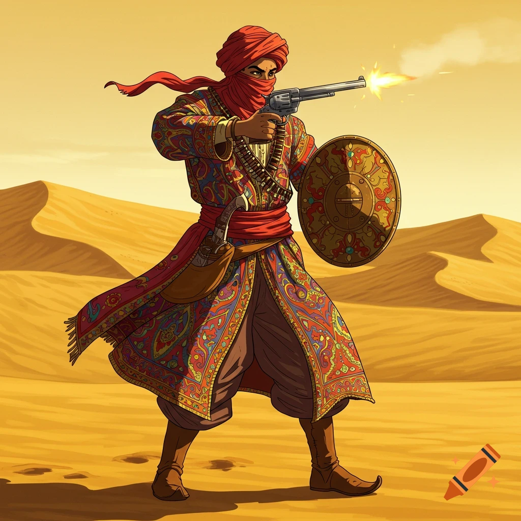 Illustration of a desert warrior in colorful robes firing a revolver in ...