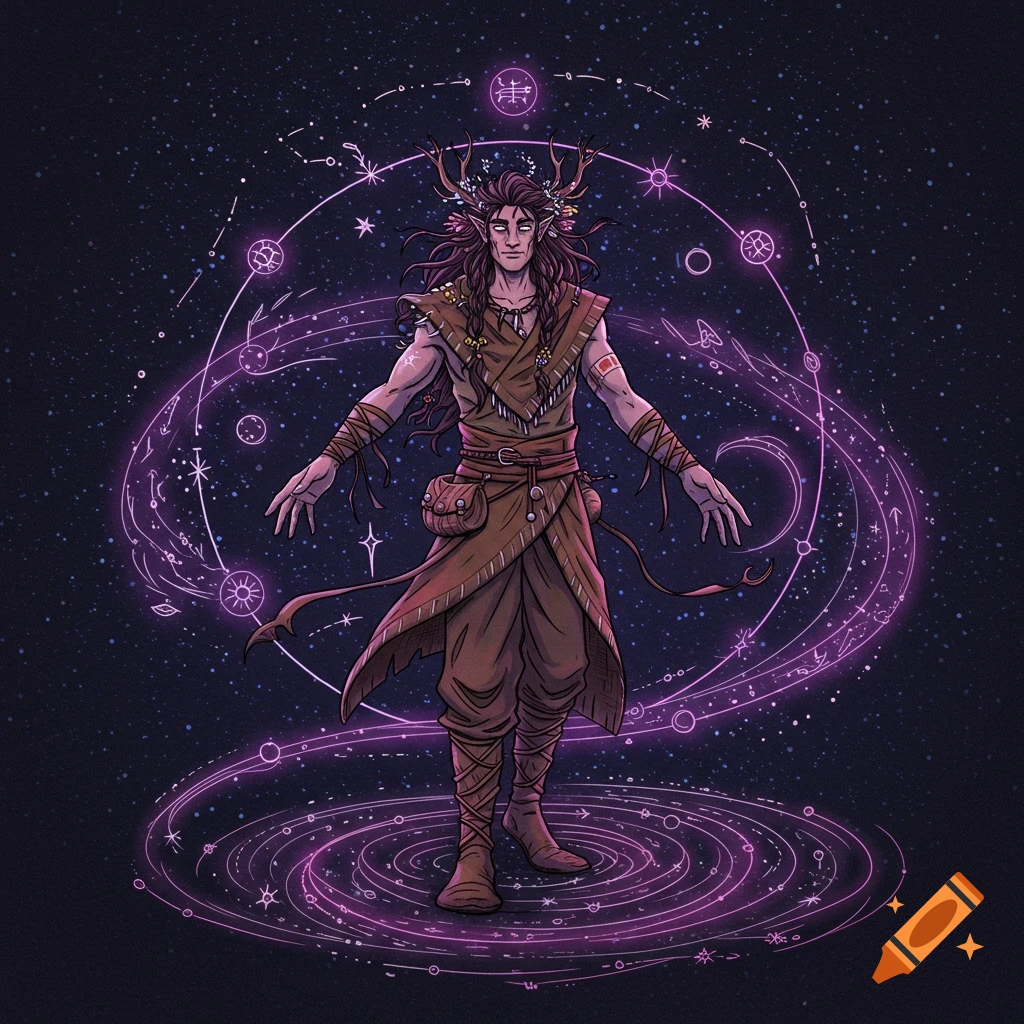 Dnd art style male druid with antlers and floral crown stands in a ...