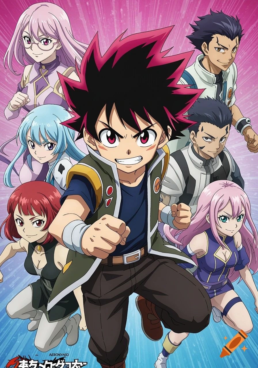 Anime group shot of seven characters against a pink background on Craiyon