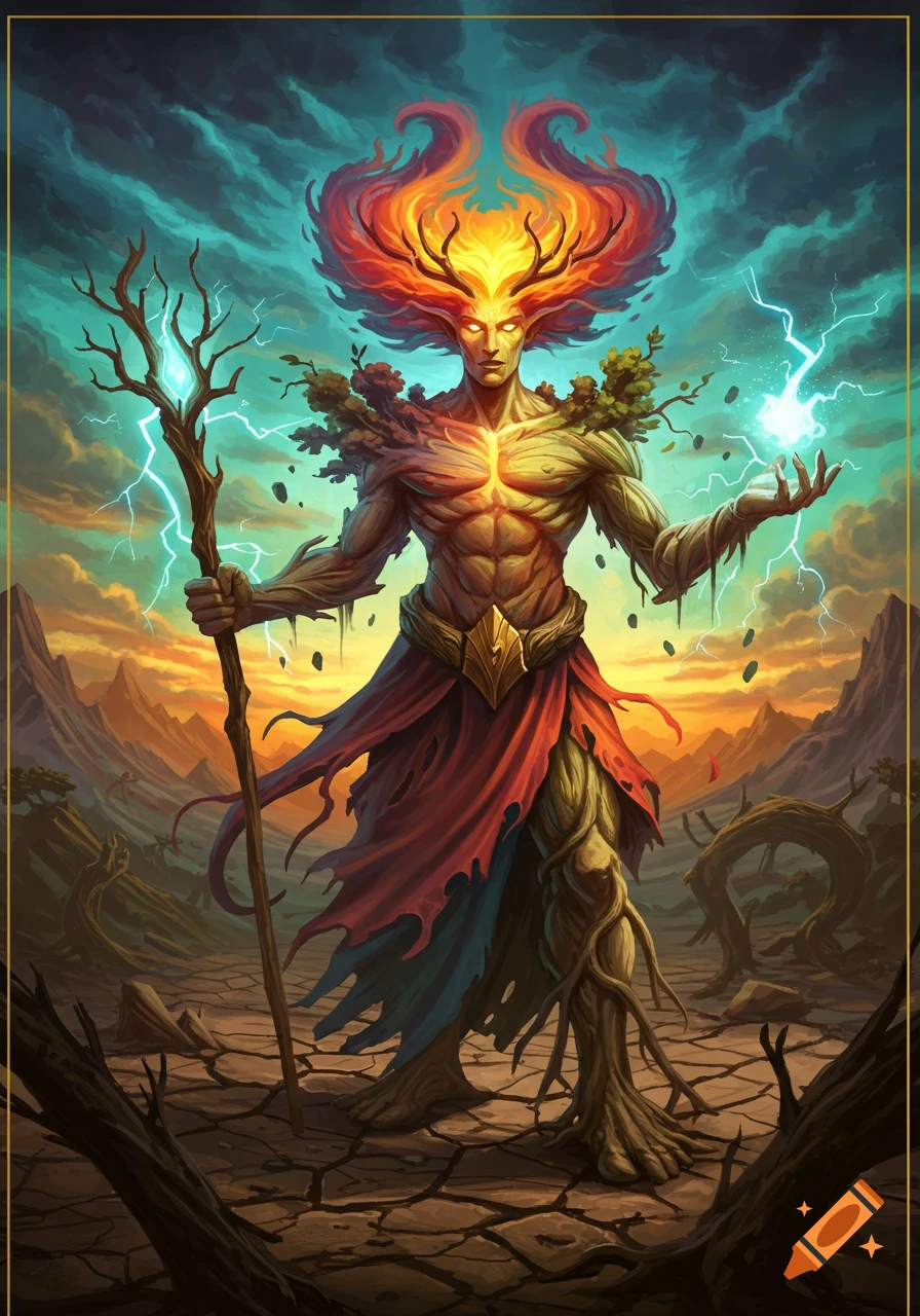 Fantasy creature of wood and fire with staff and lightning in a barren ...
