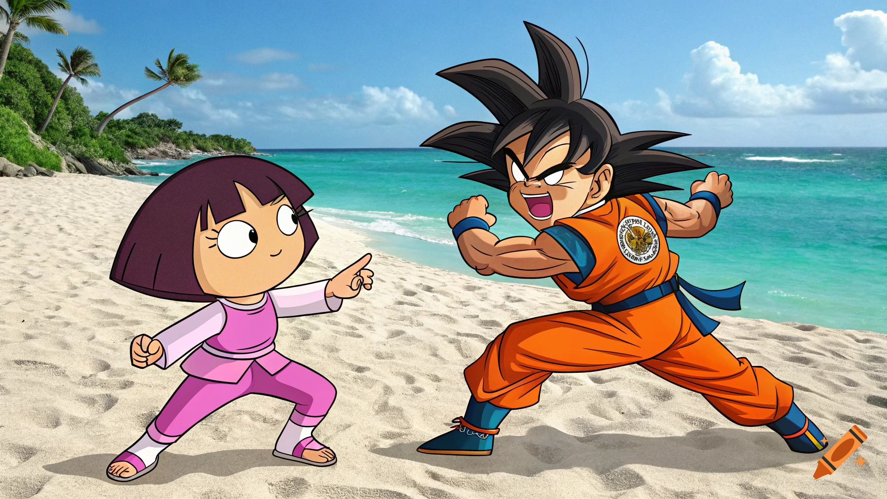Dora the Explorer and Goku from Dragon Ball Z face off on a beach in a ...
