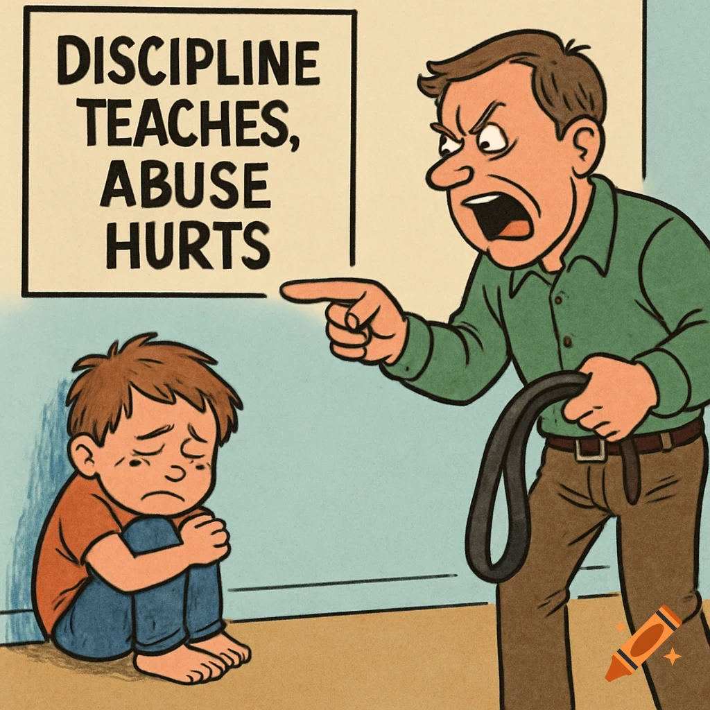 Cartoon of an angry parent holding a belt and yelling at a sad child ...