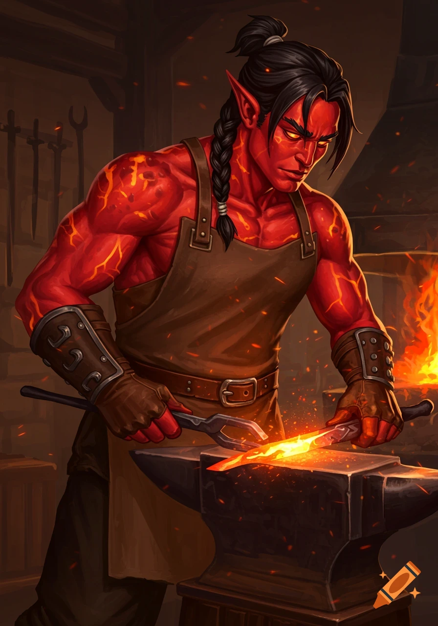 A red-skinned fantasy blacksmith hammers metal on an anvil in a forge ...
