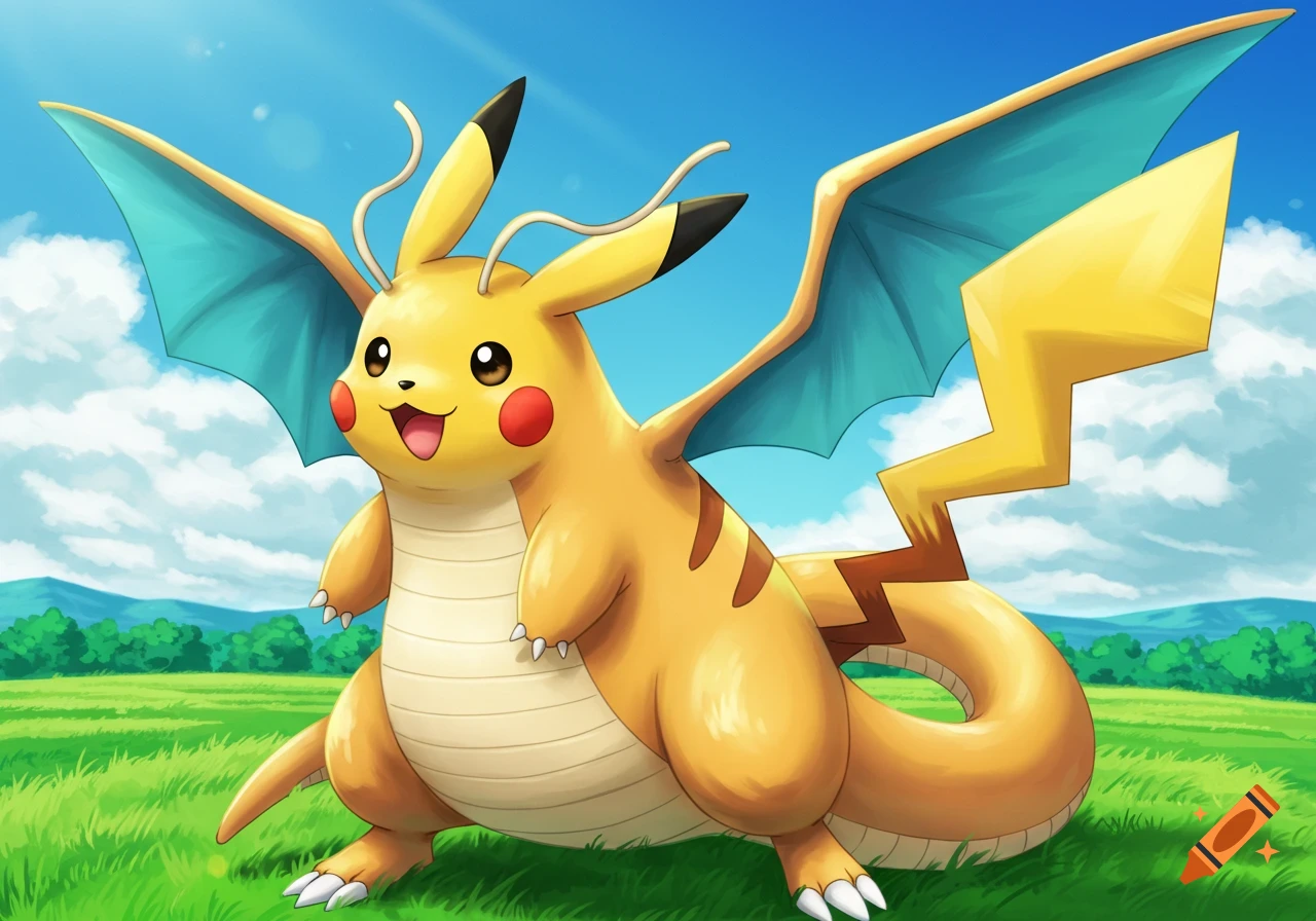 A yellow creature resembling a fusion of Pikachu and Dragonite stands ...