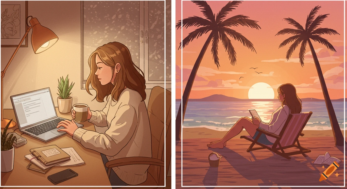 Split cartoon illustration of a woman working at a desk and relaxing on ...