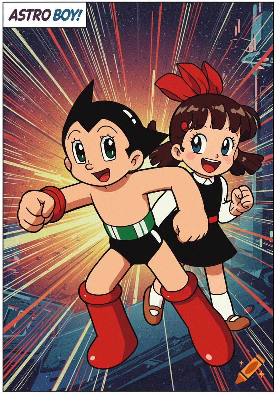 Astro Boy and Niki run in a comic book style panel with speed lines. on ...