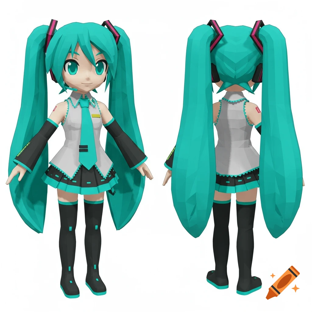 Front and back view of a low-poly anime character, Hatsune Miku, on a ...