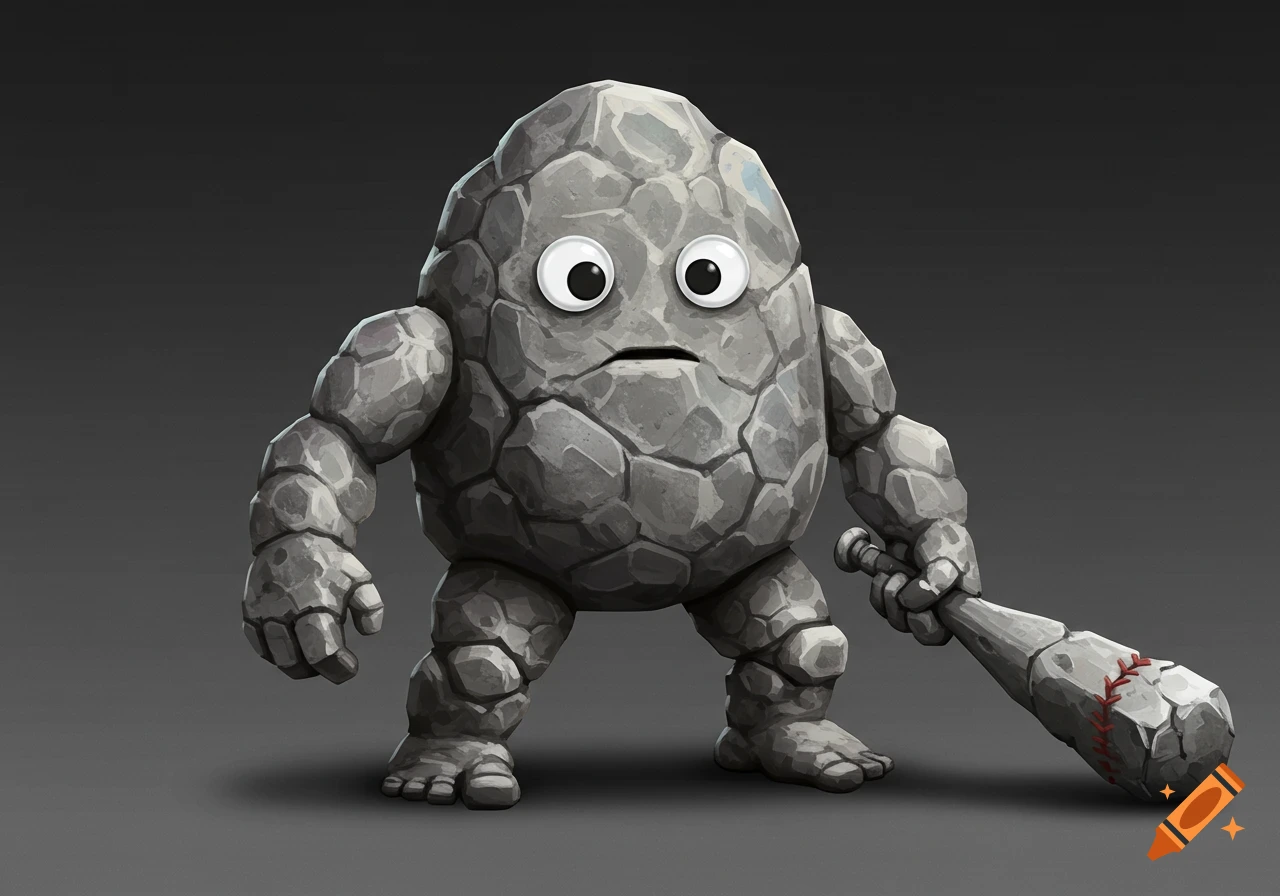 Cartoon rock monster with googly eyes, human feet, and a stone baseball ...