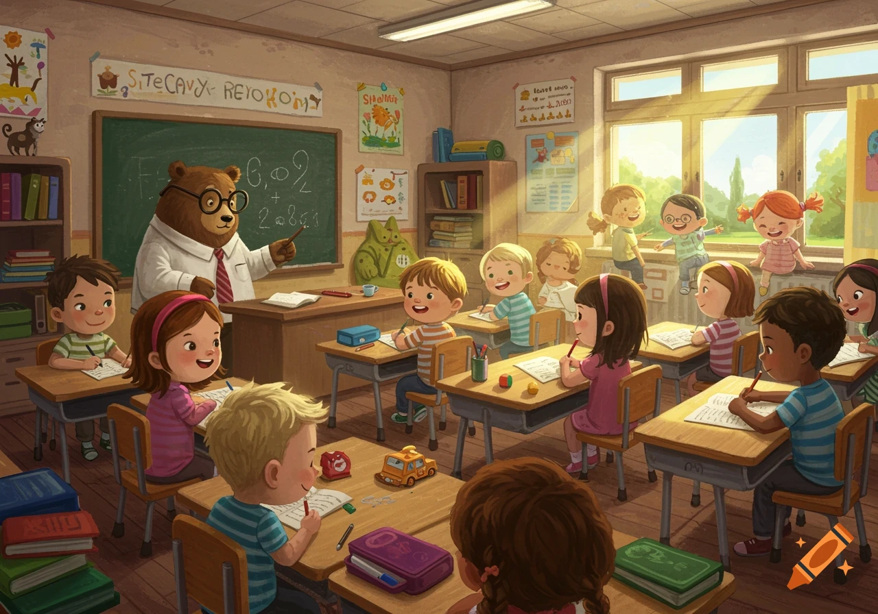 A cartoon illustration of a bear teacher instructing children in a ...