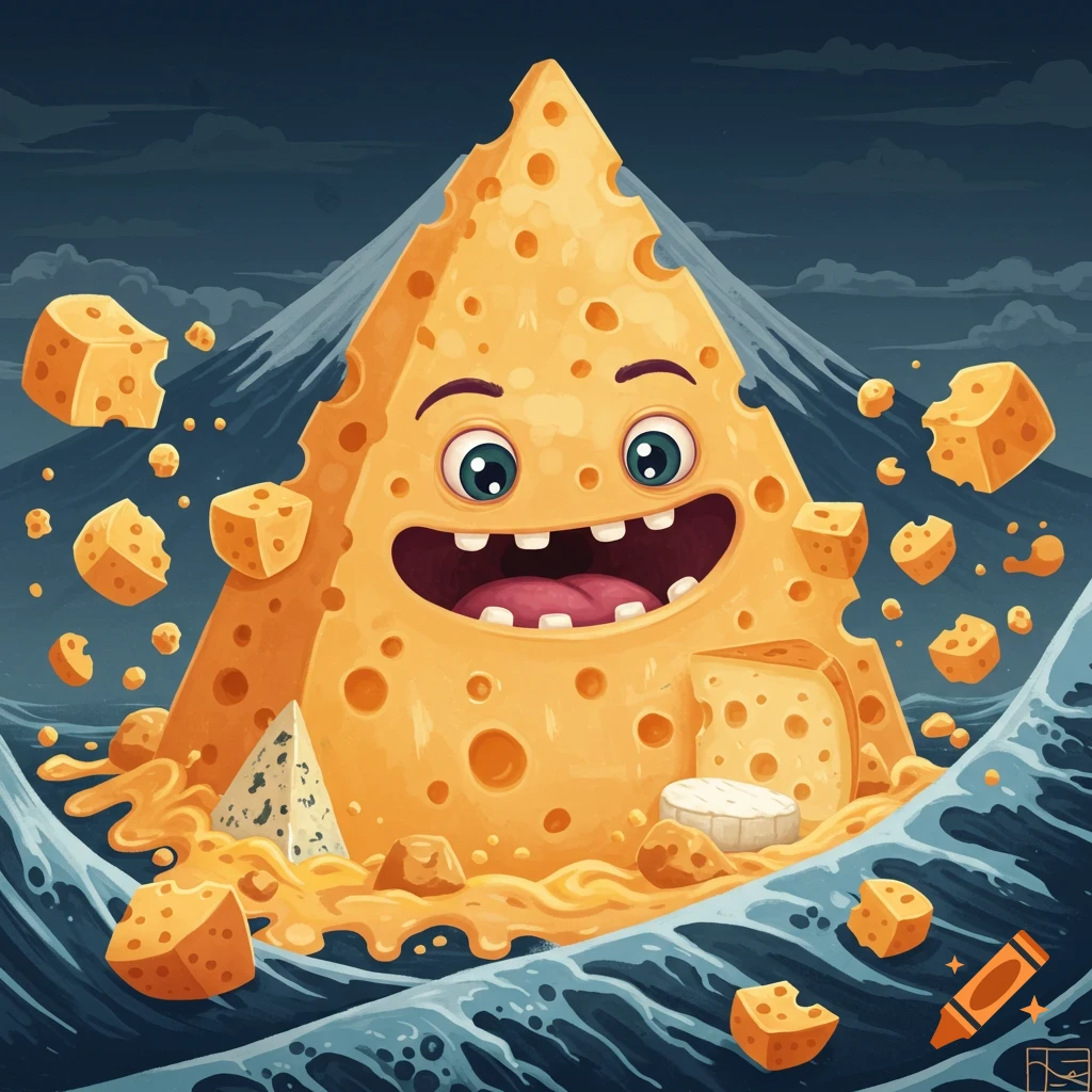 Smiling cheese monster rises from blue waves with floating cheese ...