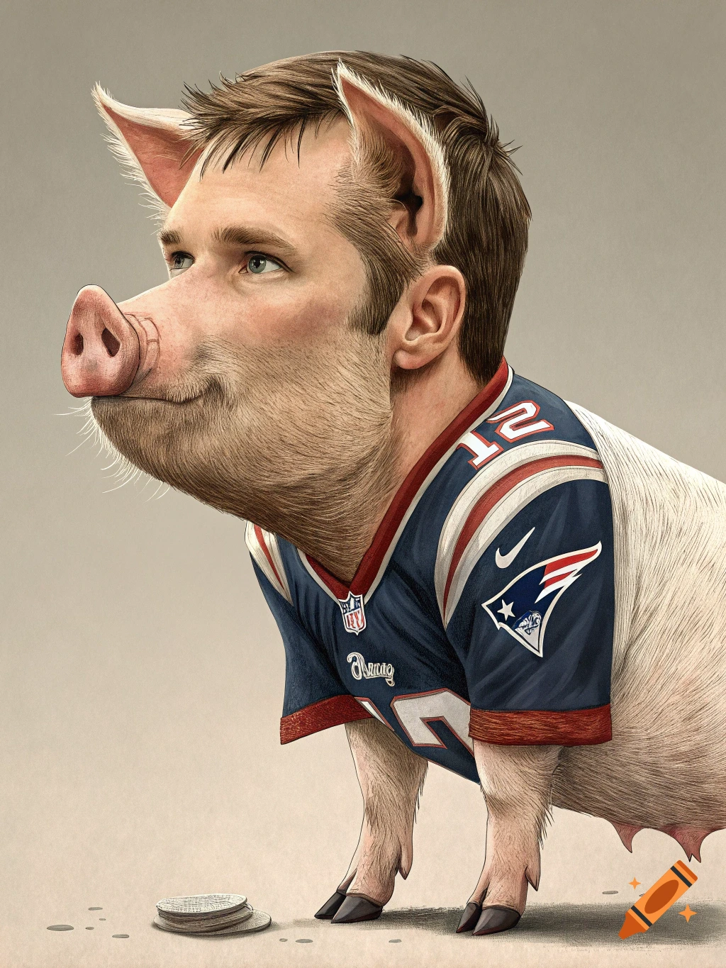 Illustration of Tom Brady's face on a pig wearing a New England ...