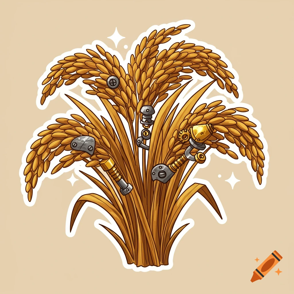 A sticker illustration of golden rice paddy ears with steampunk ...