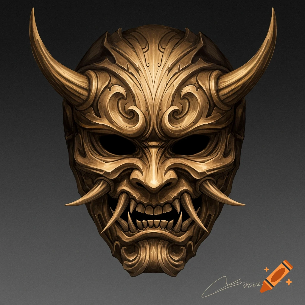 Detailed golden mask with horns and fangs, resembling an Oni mask. on ...