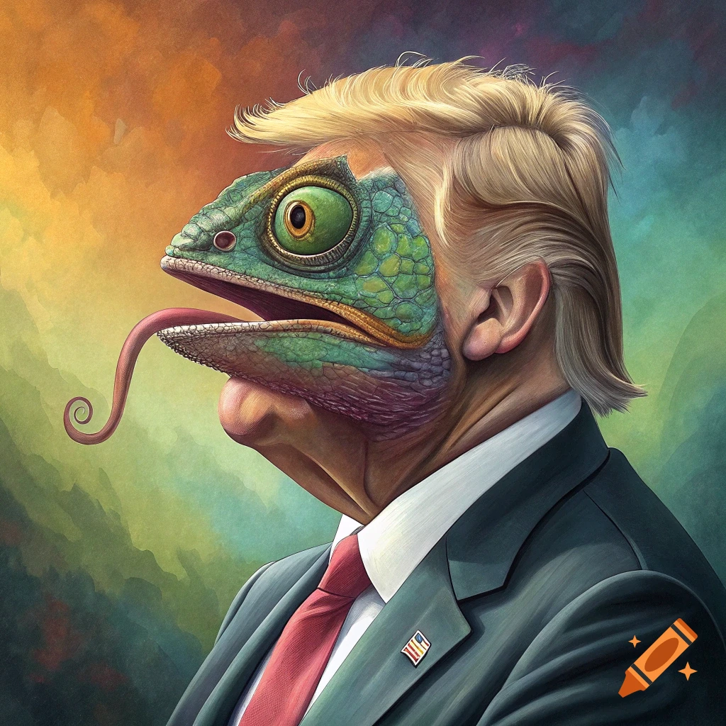 Surreal painted portrait of Donald Trump with a chameleon's head and ...