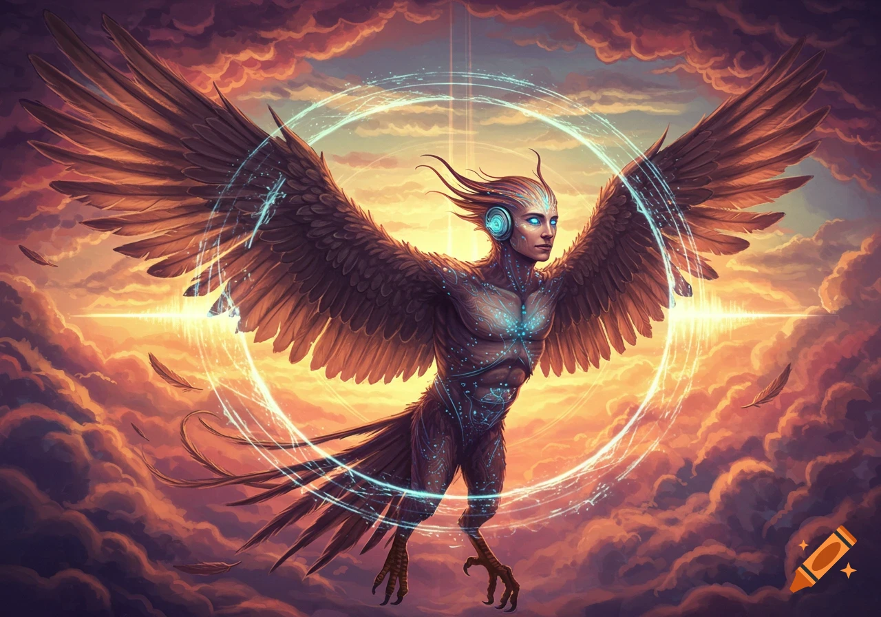 A fantasy bird-human hybrid creature with glowing energy rings flies ...