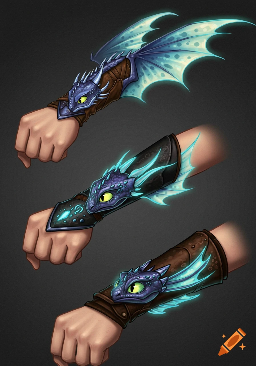Three arms wearing fantasy dragon wrist guards with glowing details ...