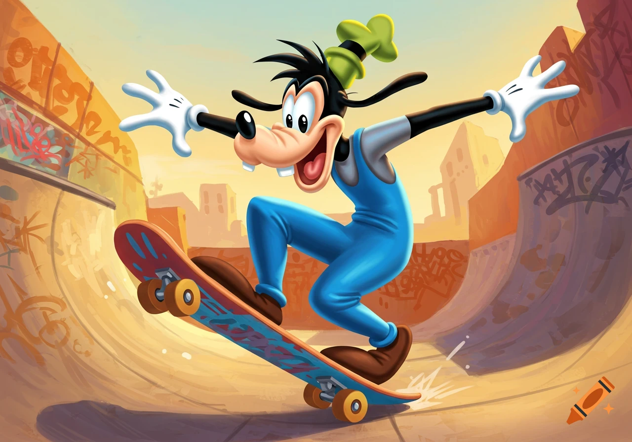 Cartoon character Goofy on a skateboard in a graffiti-covered skatepark ...