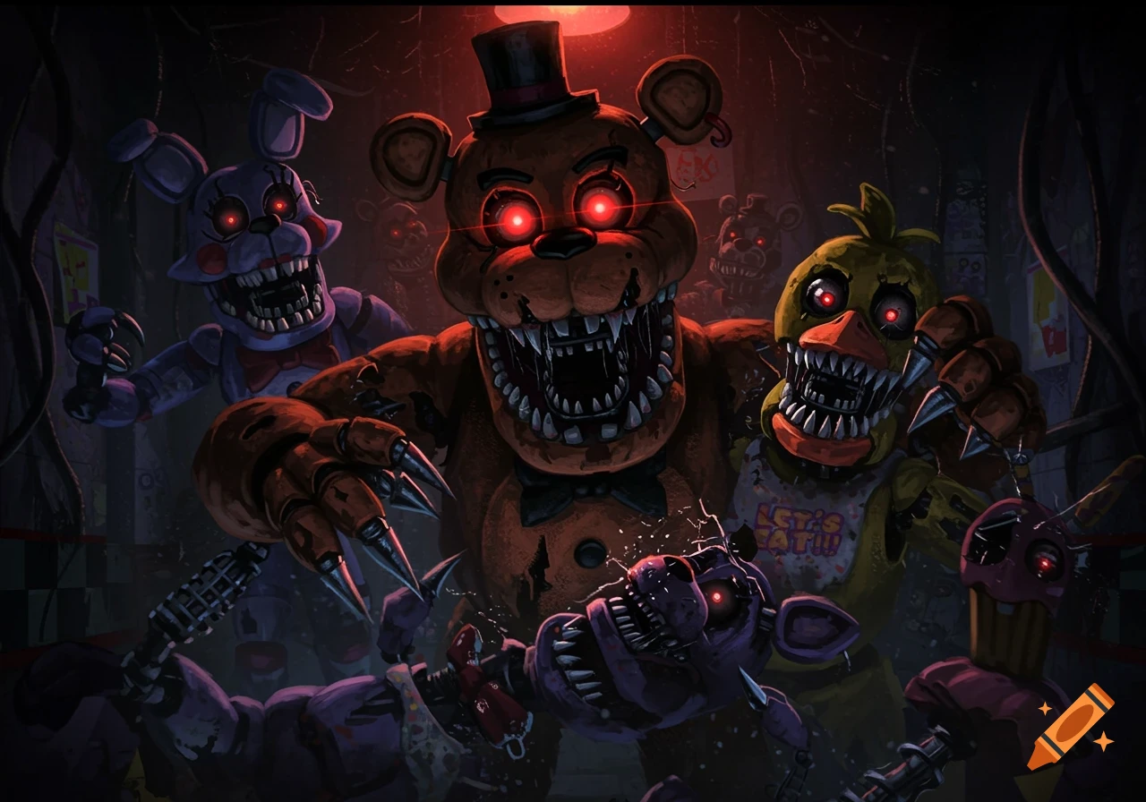Freddy Fazbear and other monstrous animatronics in a dark room with a ...