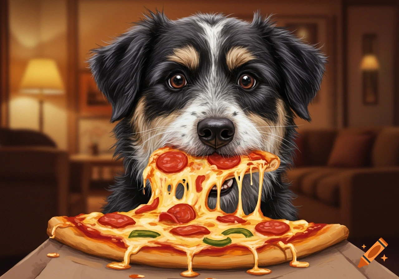 Close-up of a cute dog eating a slice of cheesy pepperoni pizza, with ...