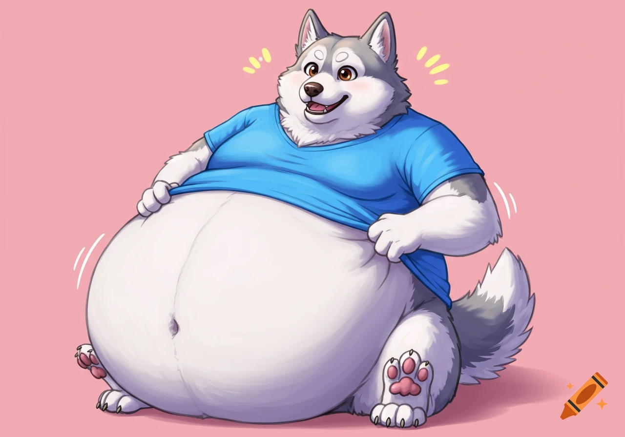 A fat anthropomorphic husky in a blue shirt holds up its large belly ...
