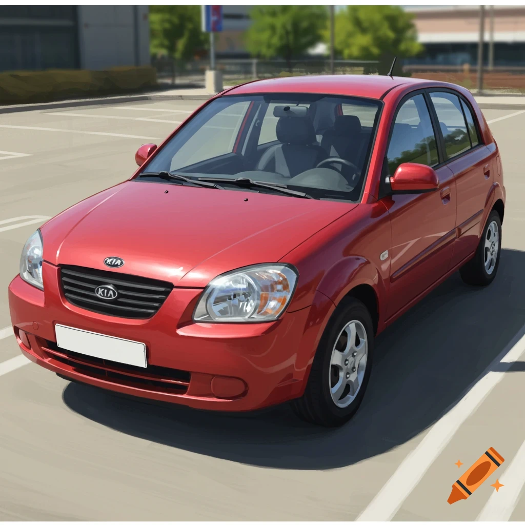 A red 2006 Kia Rio hatchback is parked in a parking lot on a sunny day ...