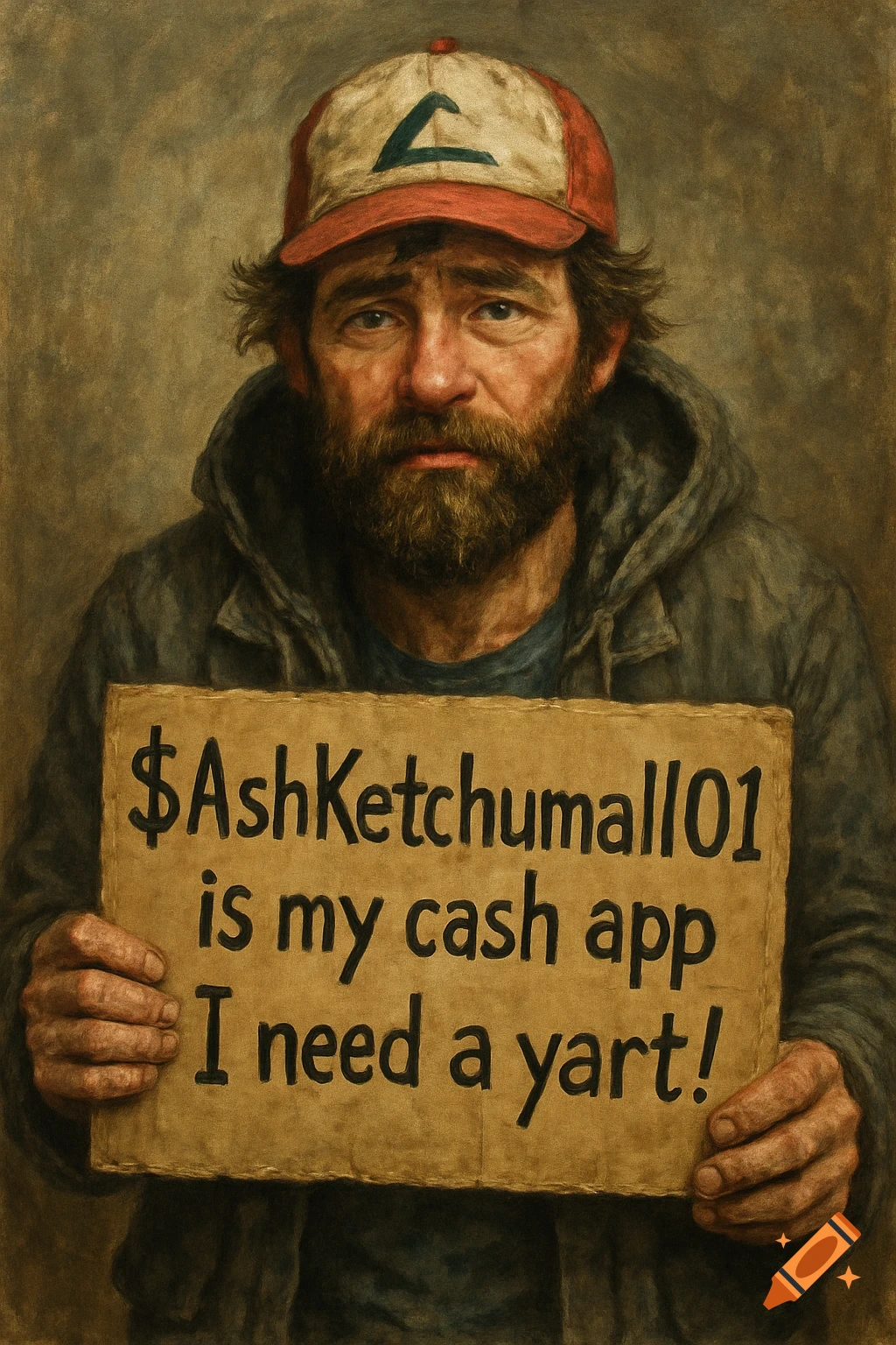 Painting of a homeless man wearing a cap with a familiar logo, holding ...