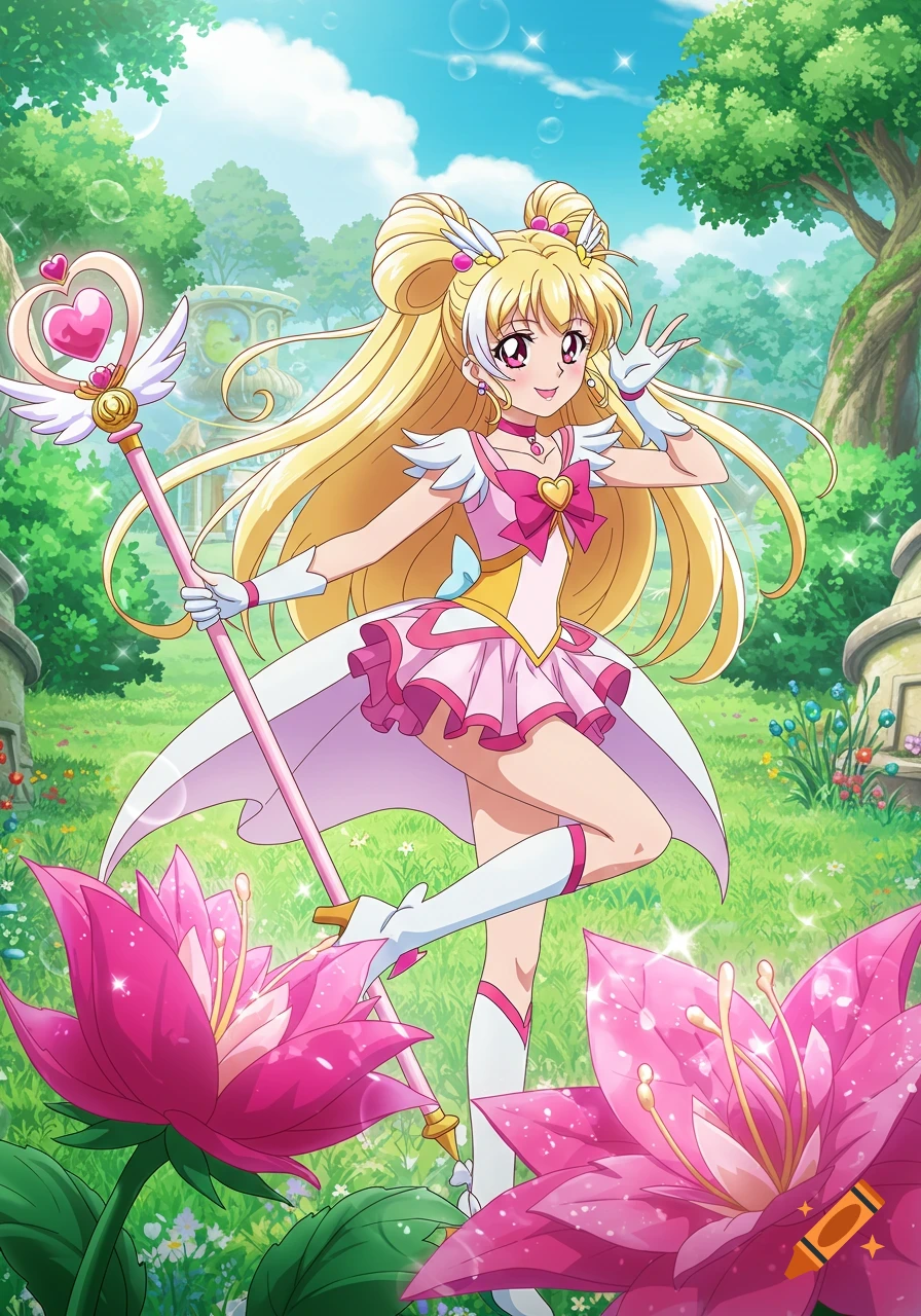 Anime magical girl with long blonde hair, pink dress, and staff poses ...