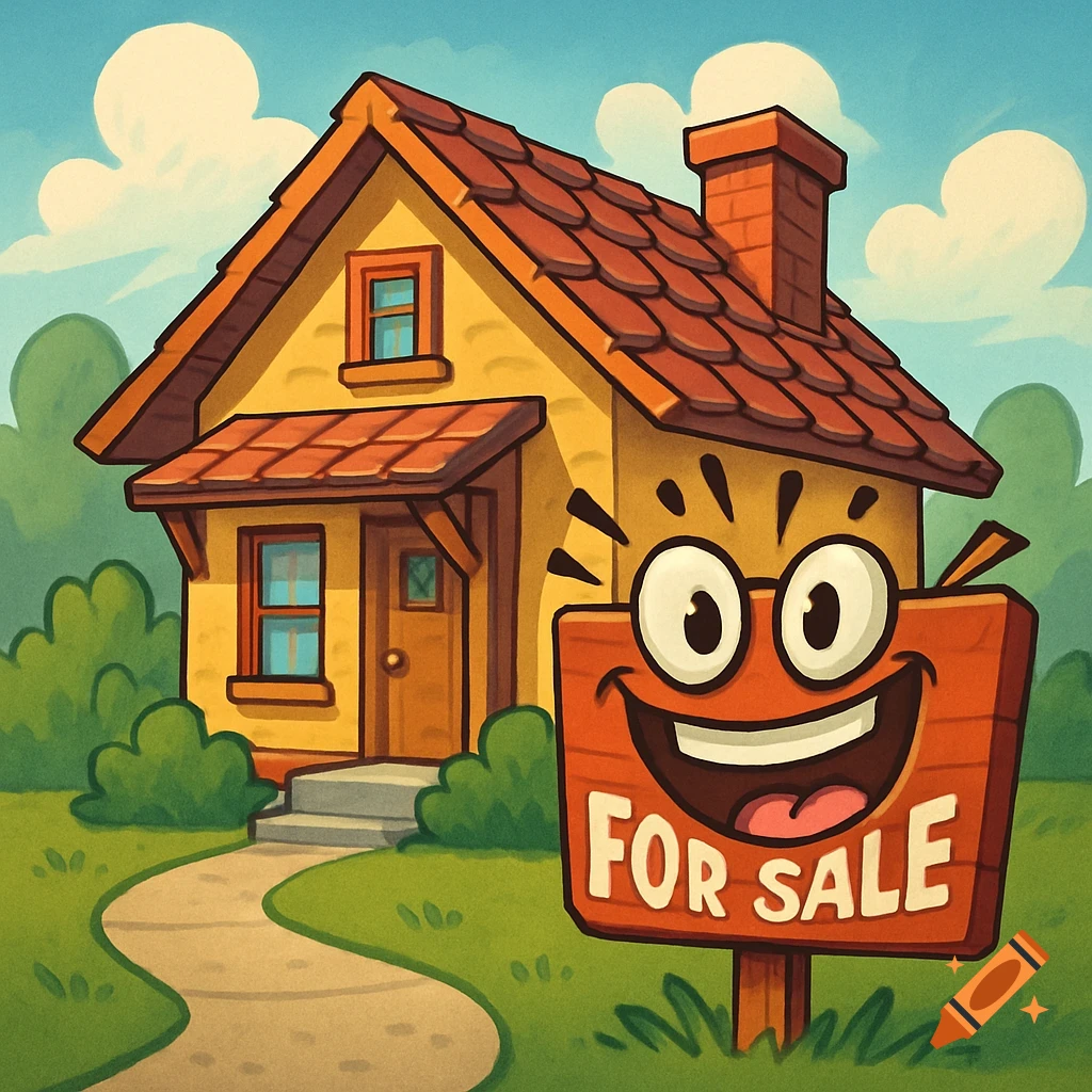 A cartoon illustration of a house with a cheerful 'FOR SALE' sign in ...