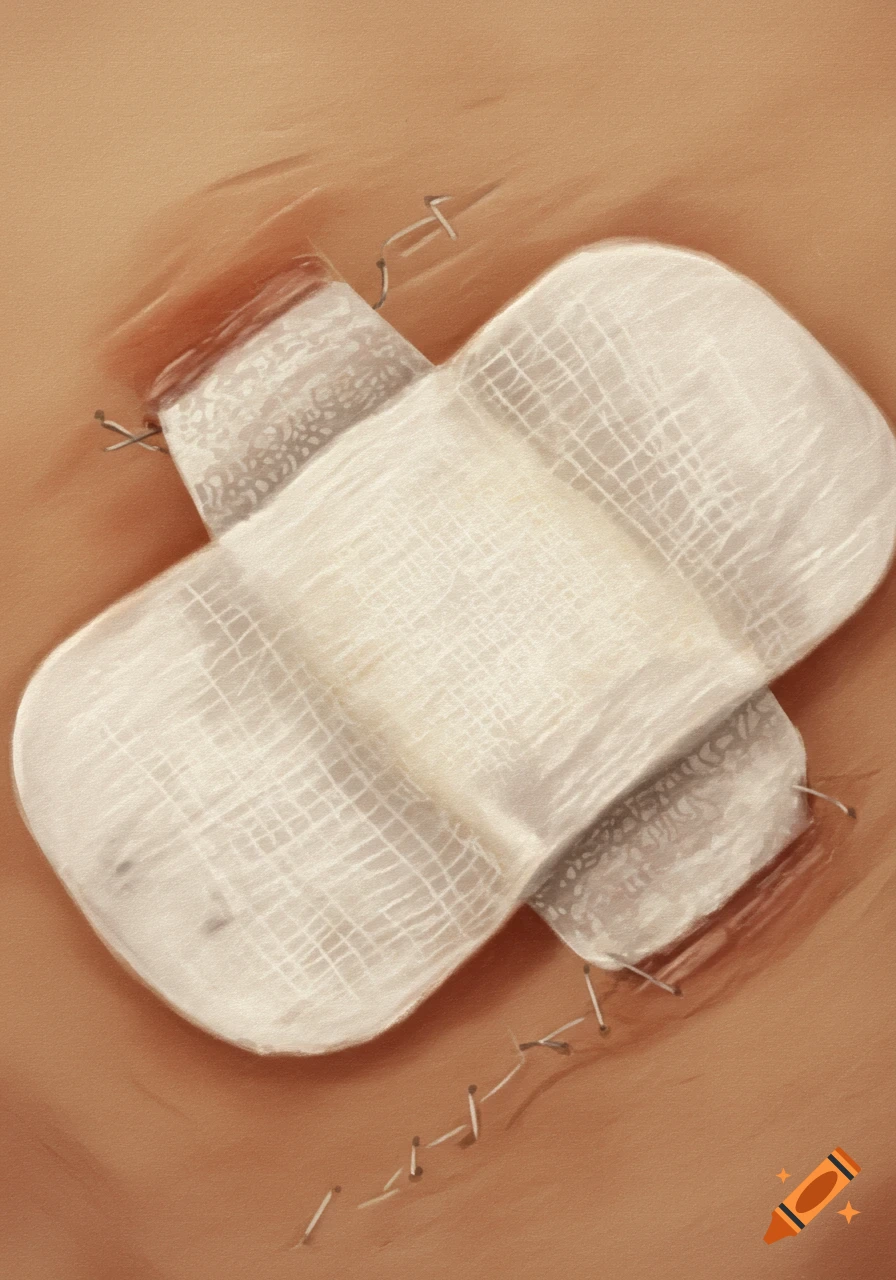 Close-up illustration of a wound dressing secured with staples on skin ...