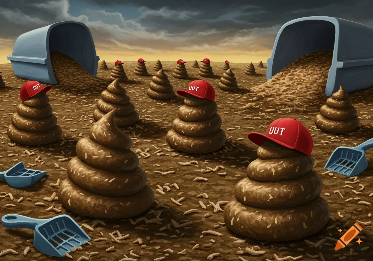 Surreal cartoon of a field of large poop mounds wearing red baseball ...