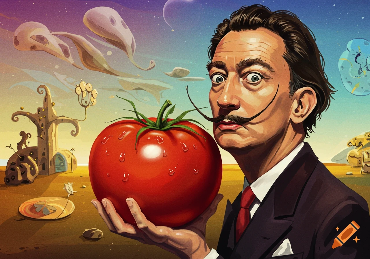 Surreal portrait of Salvador Dali holding a giant tomato in a landscape ...