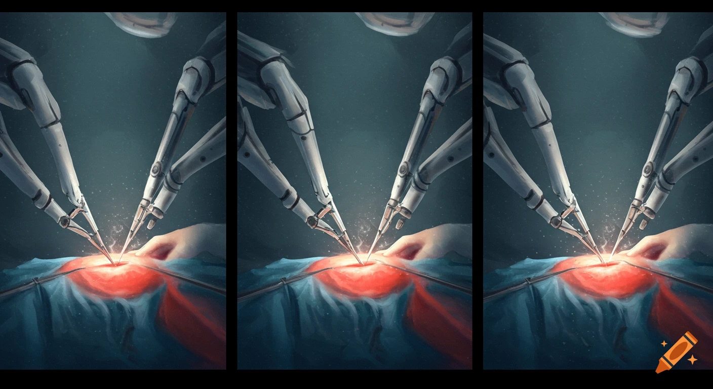 Digital painting of robotic arms performing surgery in a triptych on ...