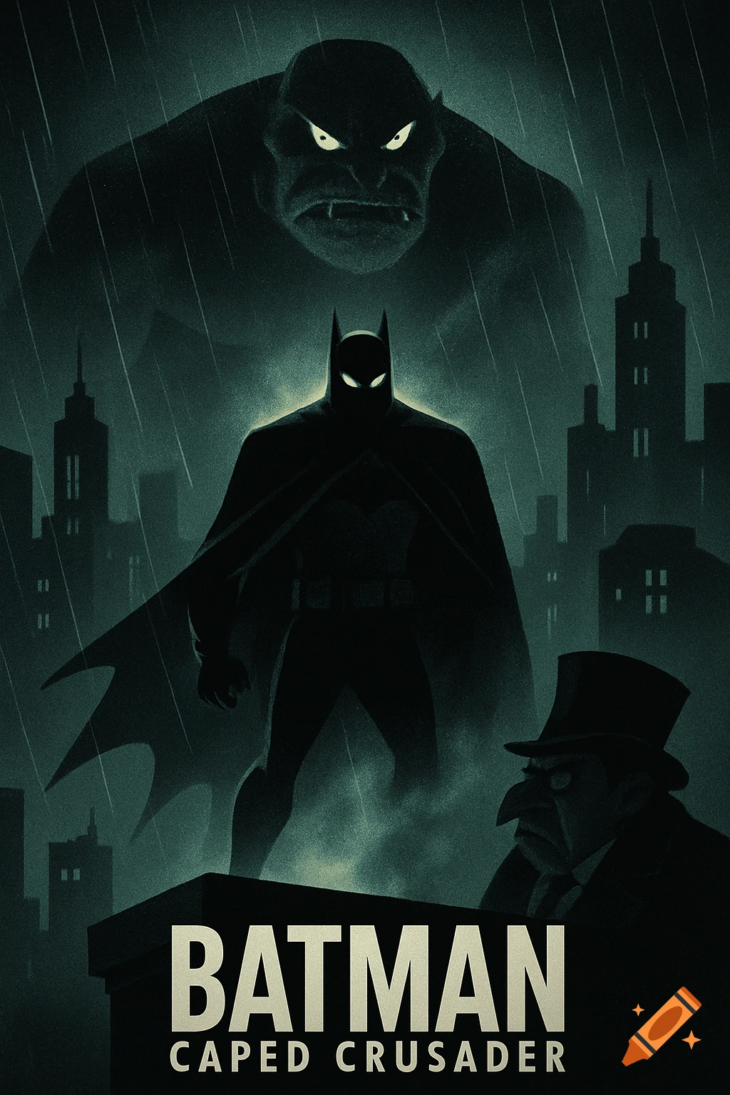 Stylized Batman poster with Batman, Killer Croc, and Penguin in dark ...