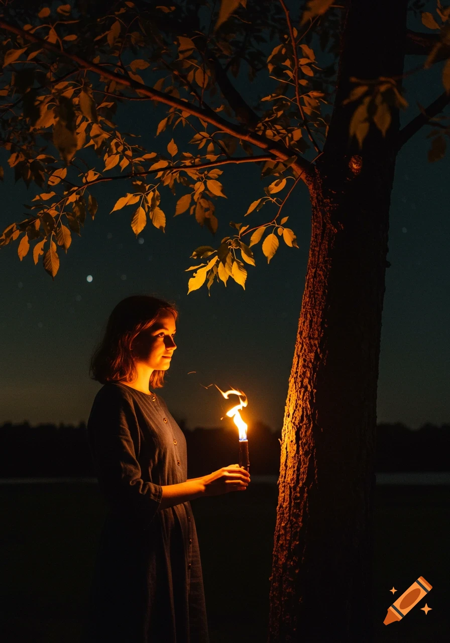 A woman holds a torch near a tree at night, illuminated by the flame ...