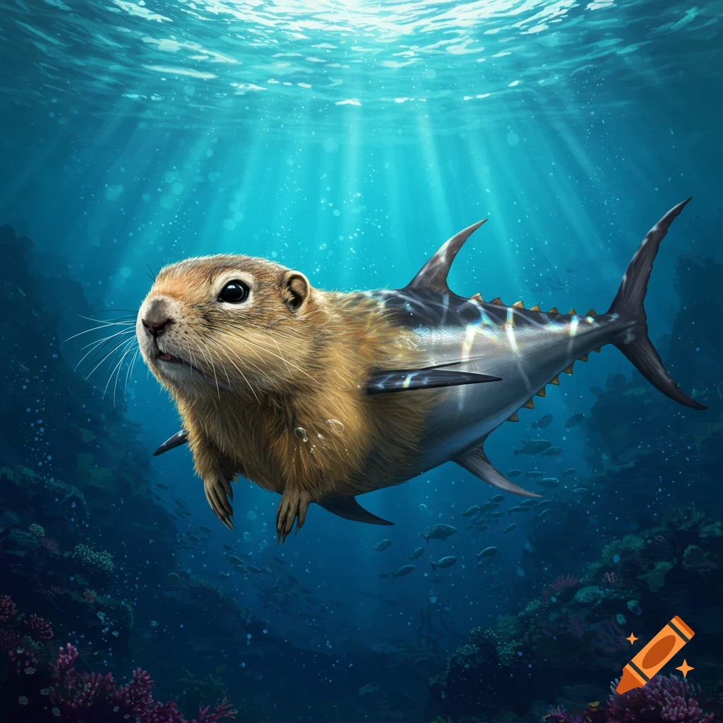A fantasy gopher-tuna hybrid creature swims underwater with sunlight ...
