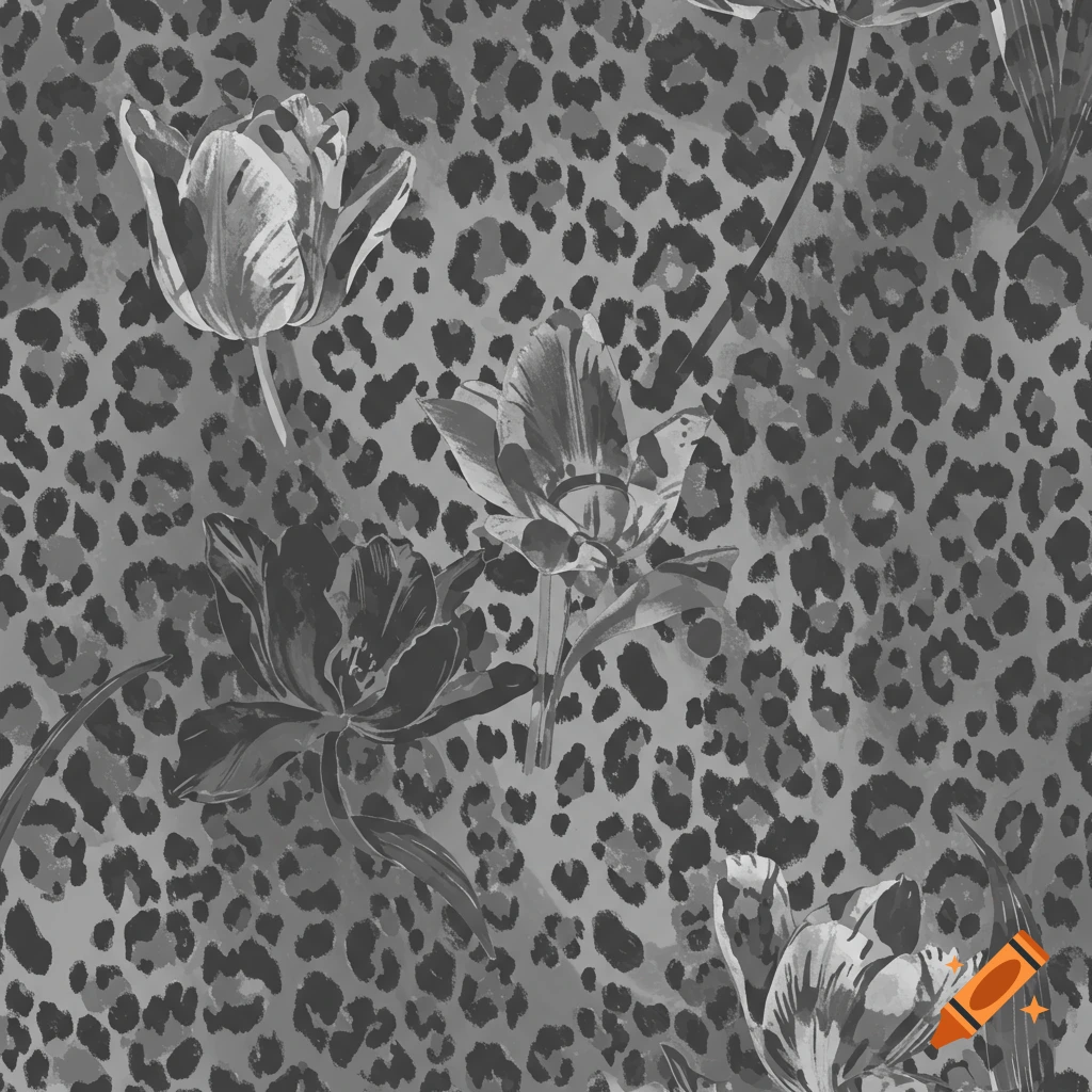 Greyscale repeating pattern of leopard print and tulips. on Craiyon