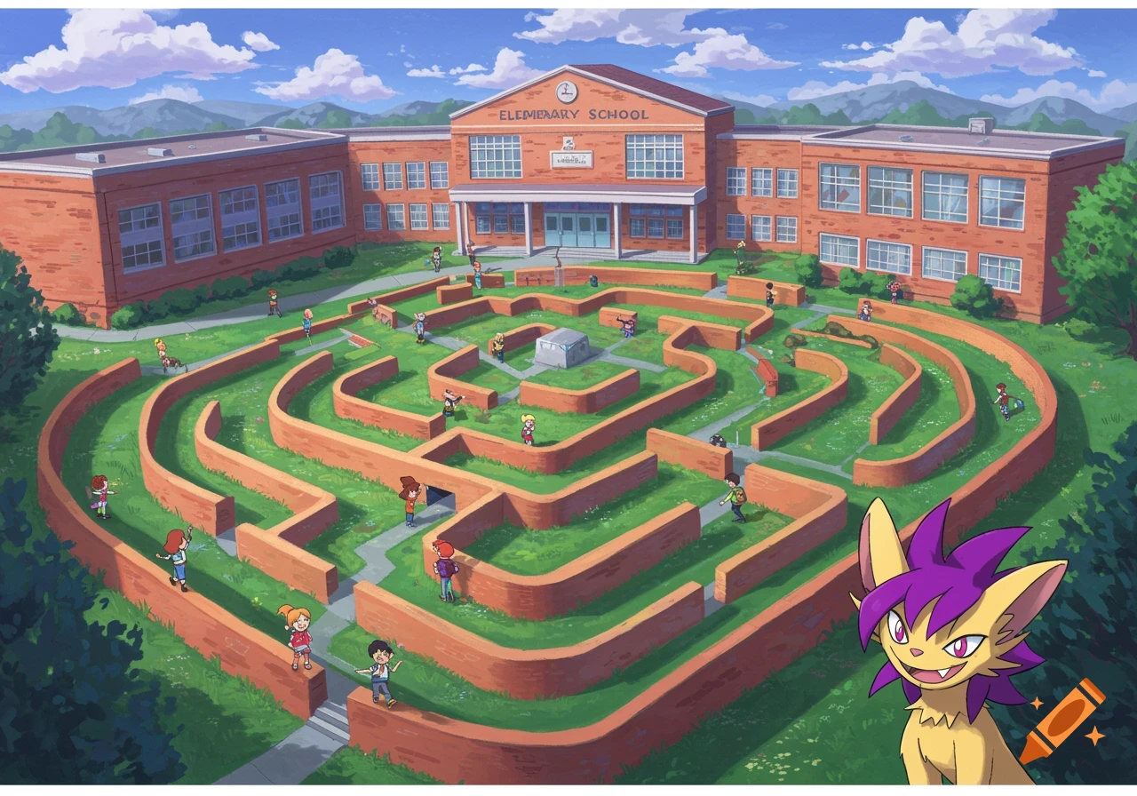 Cartoon image of an elementary school with a maze courtyard, children ...